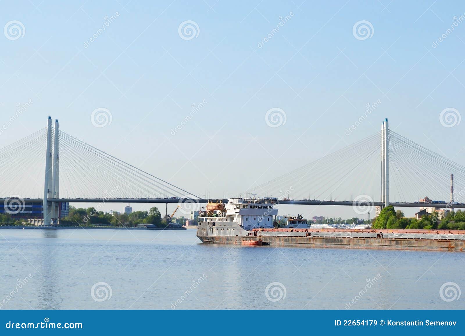 Cargo Ship and Cable-braced Bridge Stock Image - Image of heavy ...