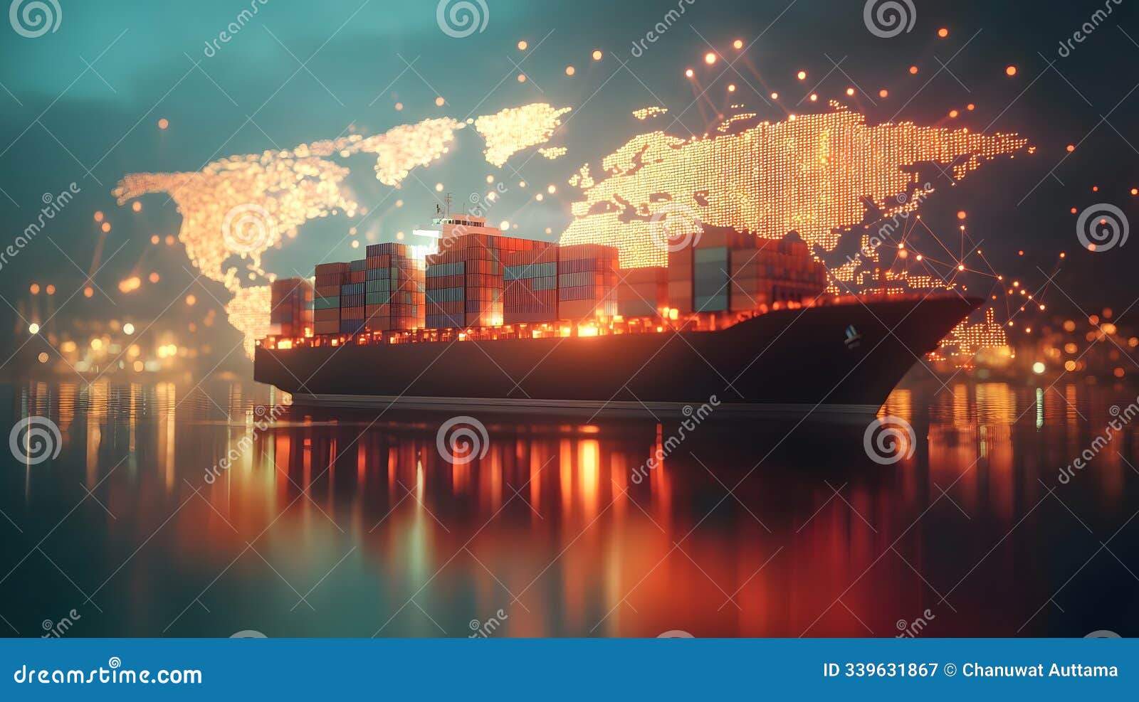 Cargo Ship Global Trade Logistics Network World Map Illustration Stock ...