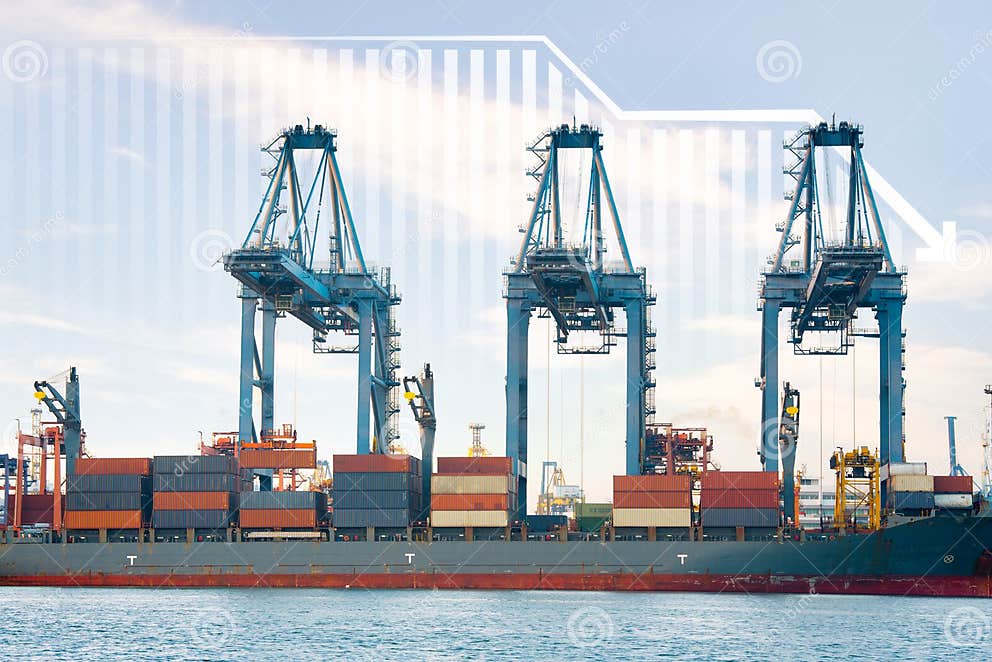 Cargo Ship, Cargo Container and Crane at Port. Concept of Decrease, Business Stock Illustration ...
