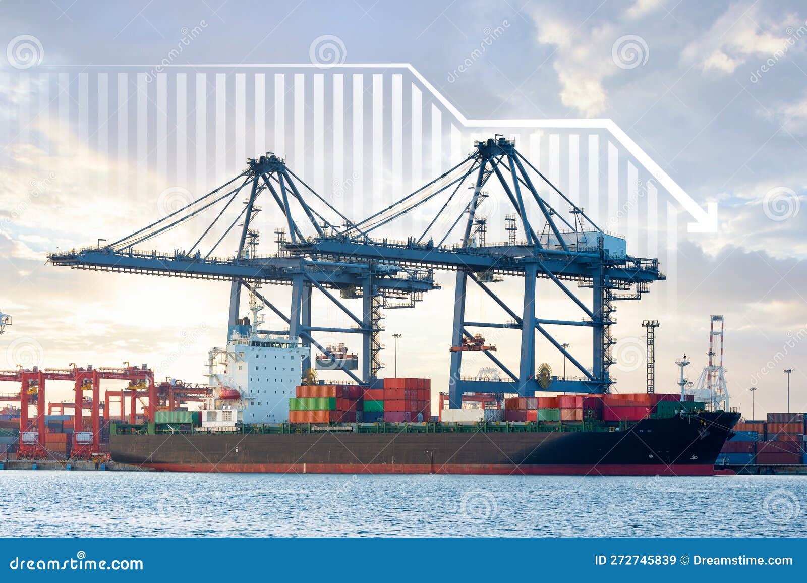 Cargo Ship, Cargo Container and Crane at Port. Concept of Decrease ...