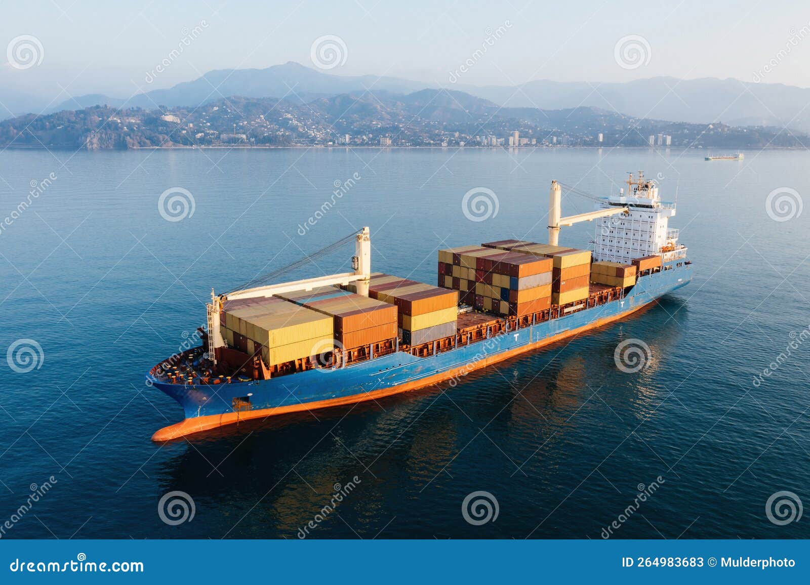 Cargo Ship with Containers in the Open Sea, Aerial Drone View Stock ...