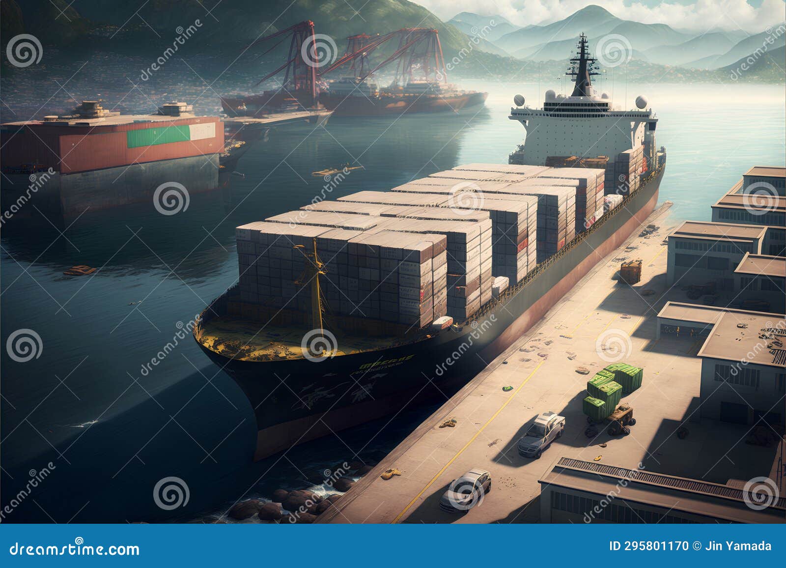 Cargo Ship with Containers in the Port. 3D Rendering Stock Illustration ...