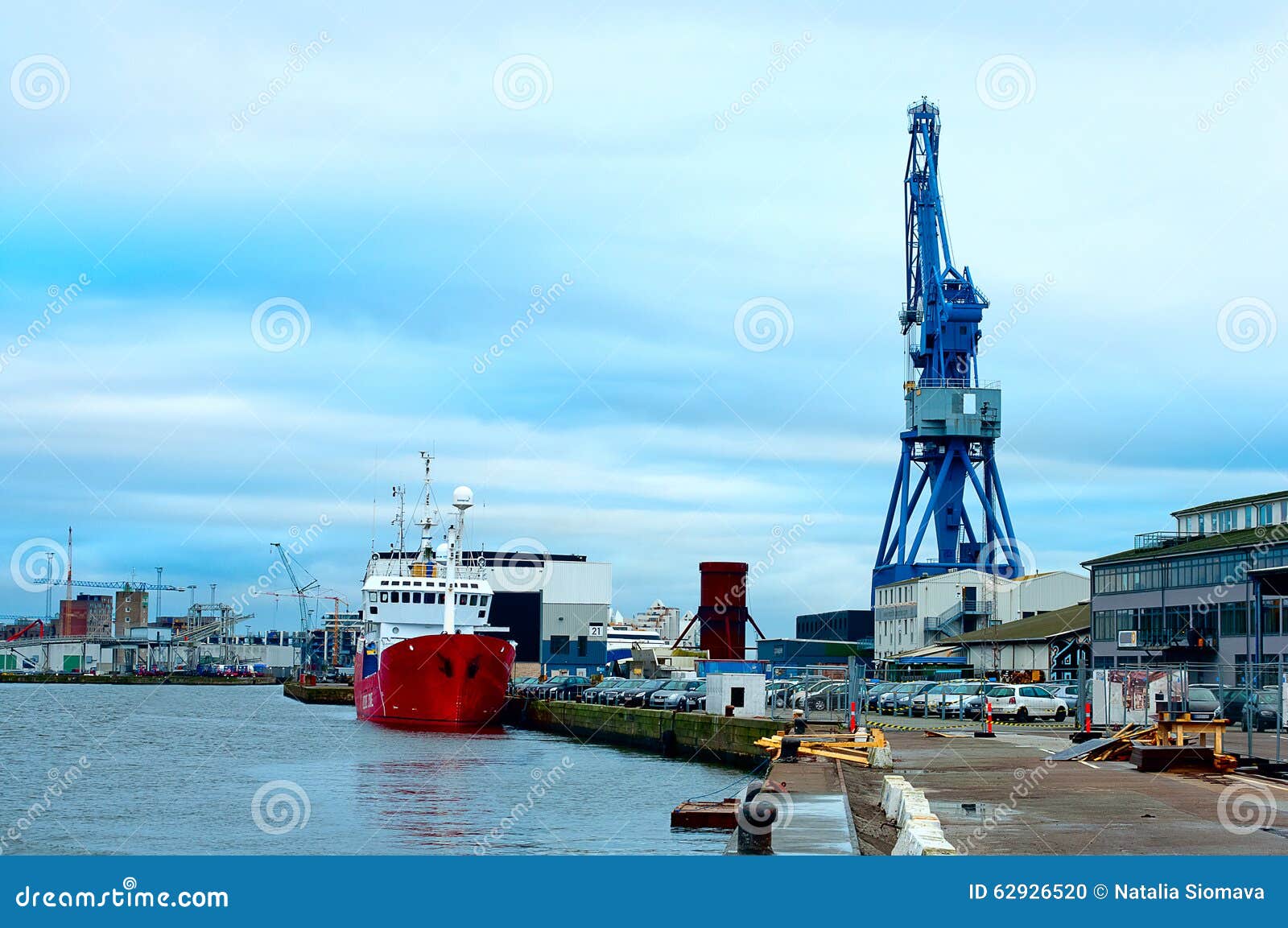 Cargo Ship and Crane in Cargo Terminal, Aarhus, Denmark Stock Photo ...