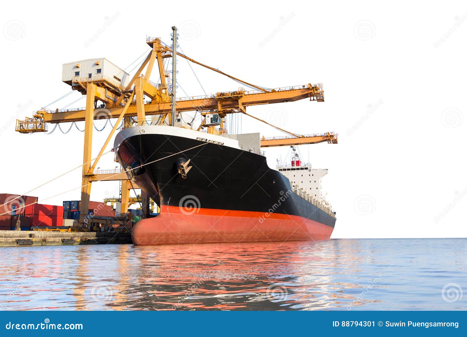 Cargo Ship with Crane in the Harbor Isolated on White Background Stock ...