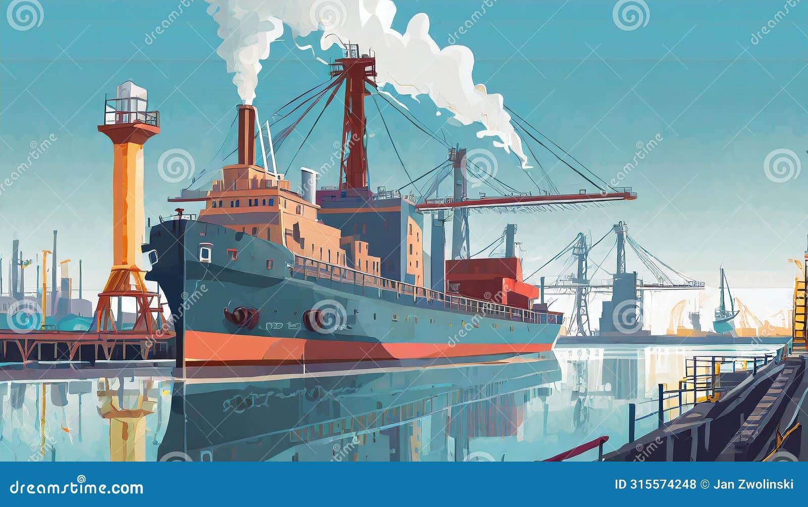 Cargo Ship Dock in Port Bank Loading or Unloading Goods Stock ...
