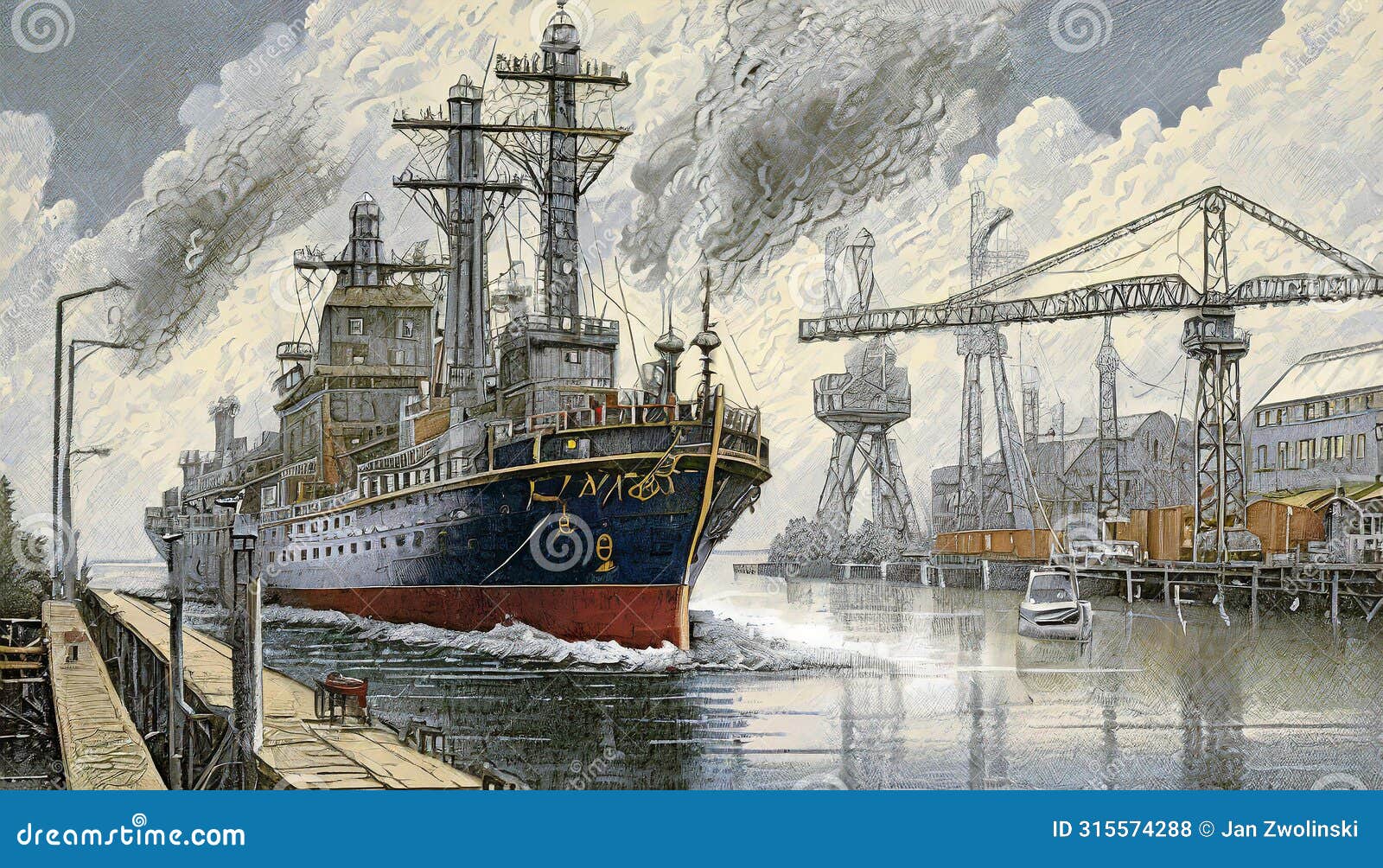 Cargo Ship Dock in Port Bank Loading or Unloading Goods Stock ...