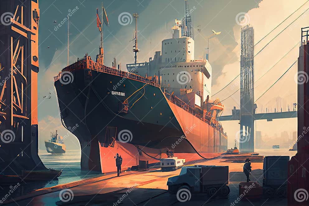 Cargo Ship Docking at Port, with View of the City in the Background ... Cargo Ship Docking at Port, with View of the City in the Background ...