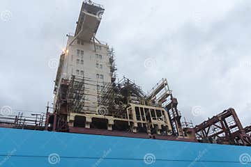 Cargo Ship in a Dry Dock, View on the Superstructure. Stock Photo ...