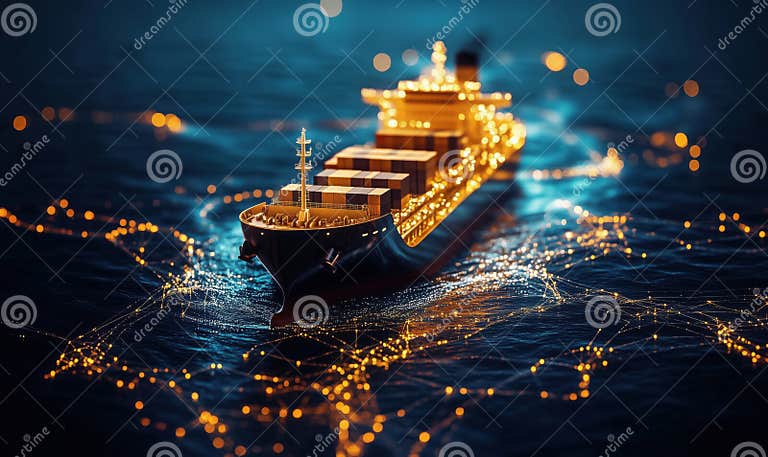 Cargo Ship Illuminated with Lights, Navigating through Digital Network ...