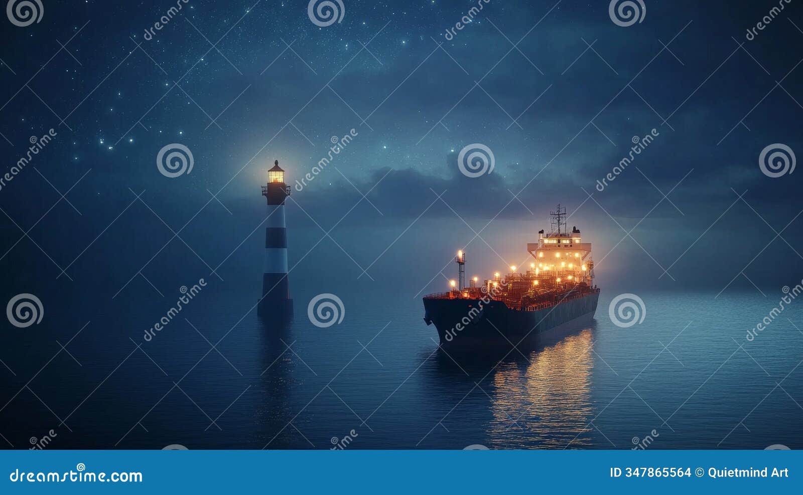 Cargo Ship by Lighthouse Under Starry Night Sky on Calm Sea Stock Photo ...