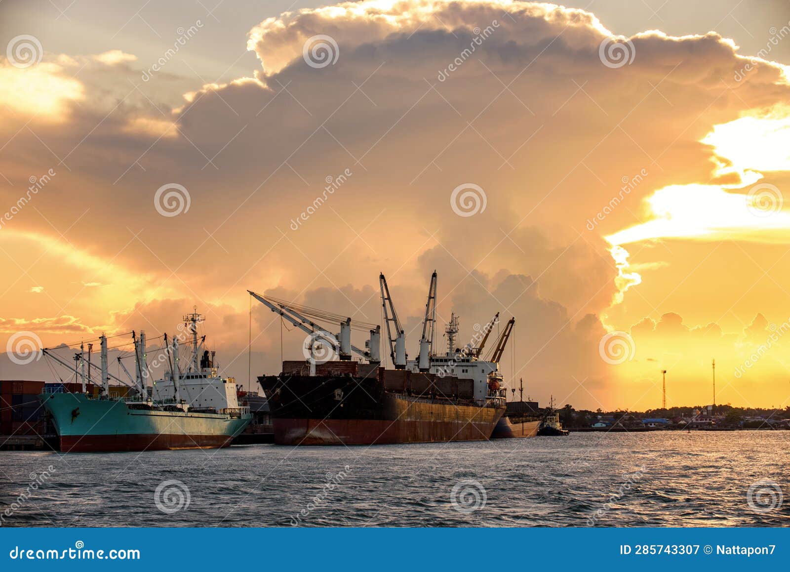 Cargo Ship Loading Containers at Sunshine Stock Image - Image of sunset ...