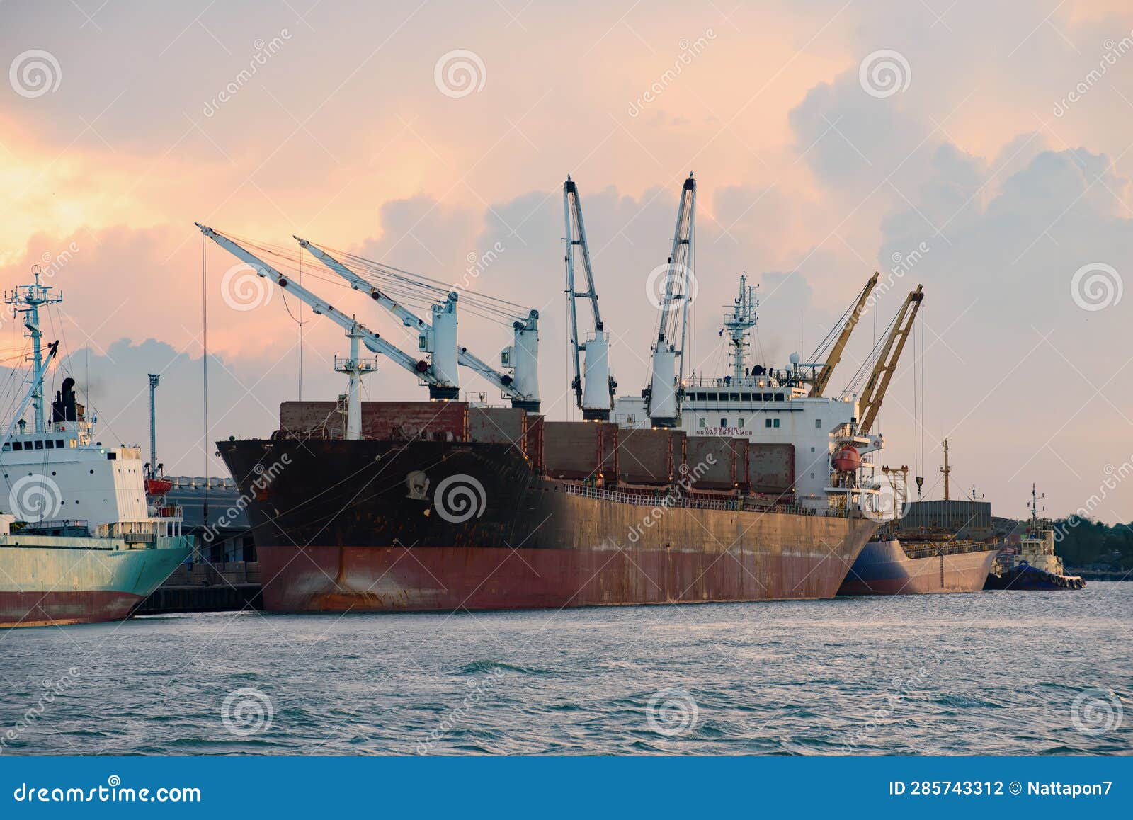 Cargo Ship Loading Containers at Sunshine Stock Photo - Image of crane ...