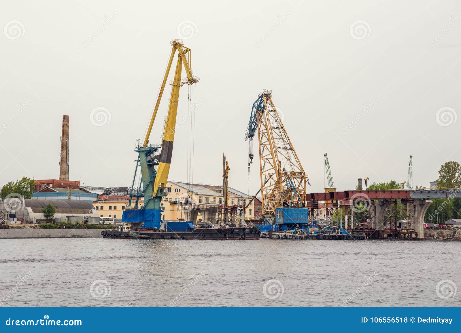 Cargo Ship Loading Cranes in Industrial Zone on River, Freight Logistic ...