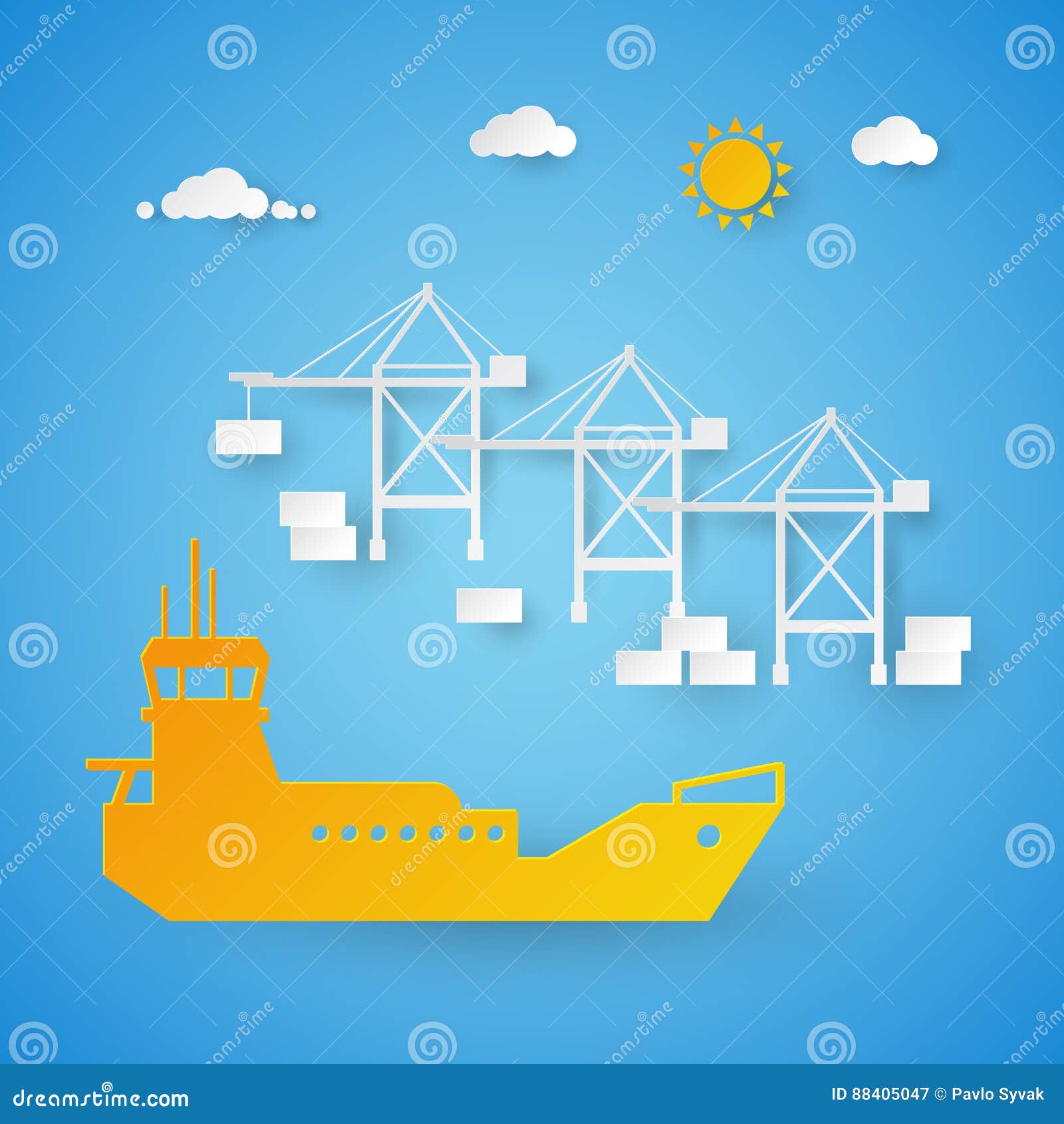 Cargo Ship Loading in Shipping Port. Harbor Dock. Cut Paper ...