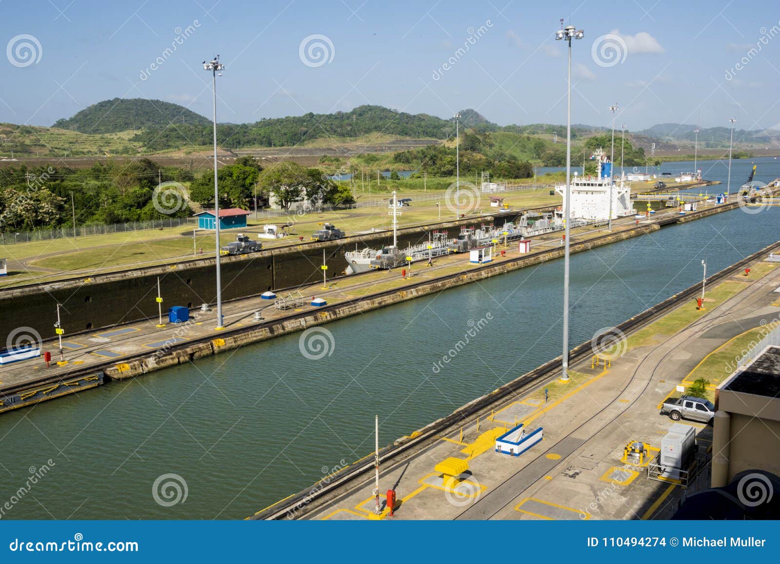 Cargo Ship Lowered in First Lock at Panama Canal Editorial Stock Image ...