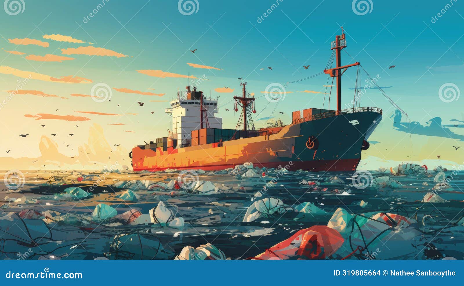 Cargo Ship Navigating through Polluted Ocean at Sunset, Highlighting ...