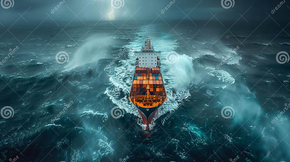 Cargo Ship Navigating through Stormy Ocean - Generative Ai Stock ...