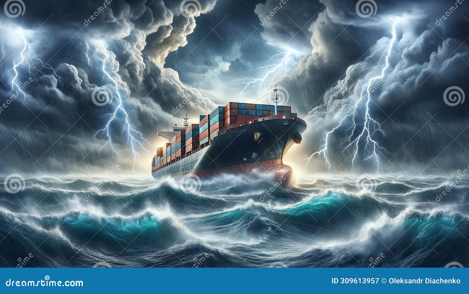 A Cargo Ship in the Ocean Sea during a Storm Floats on the Waves and ...