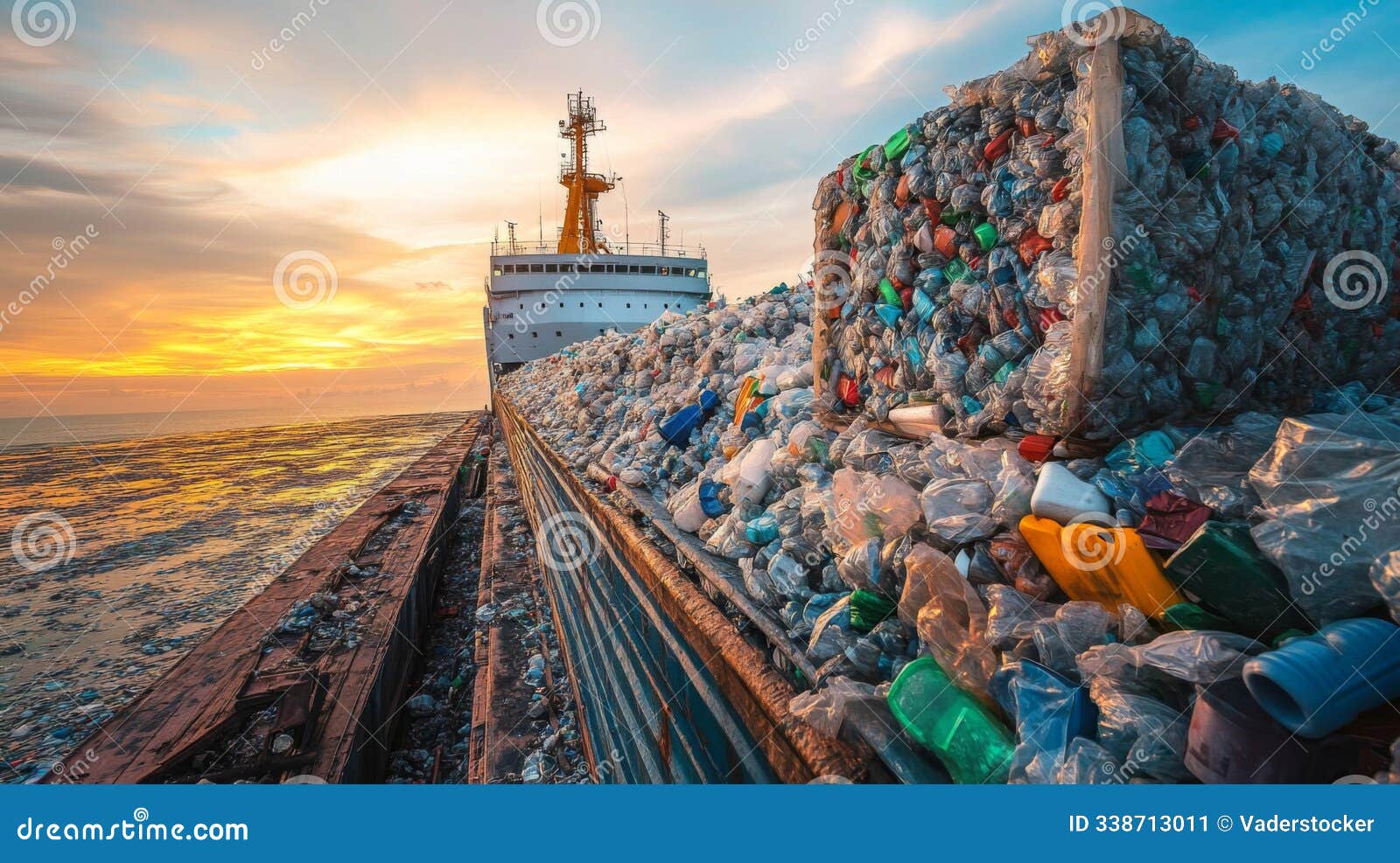 Cargo Ship Overflowing with Plastic Waste at Sunset Stock Illustration ...