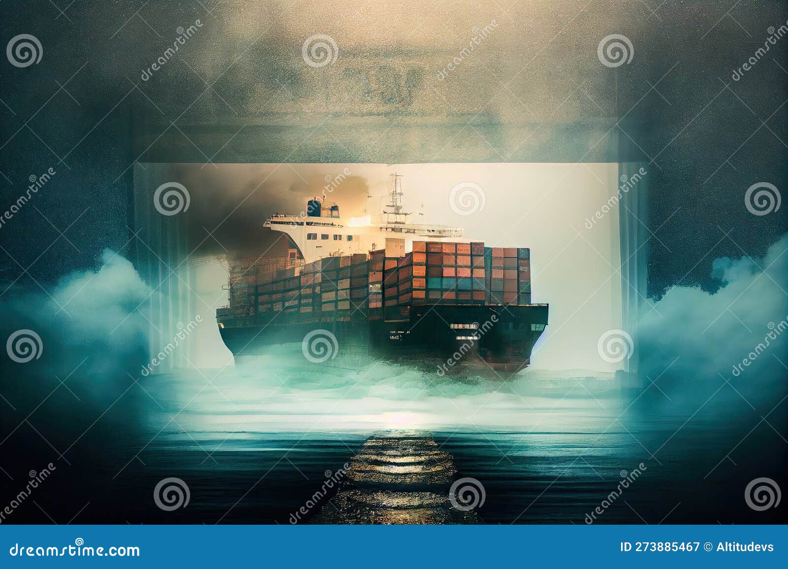 Cargo Ship Passing through the Misty Fog, with Double Exposure Effect ...
