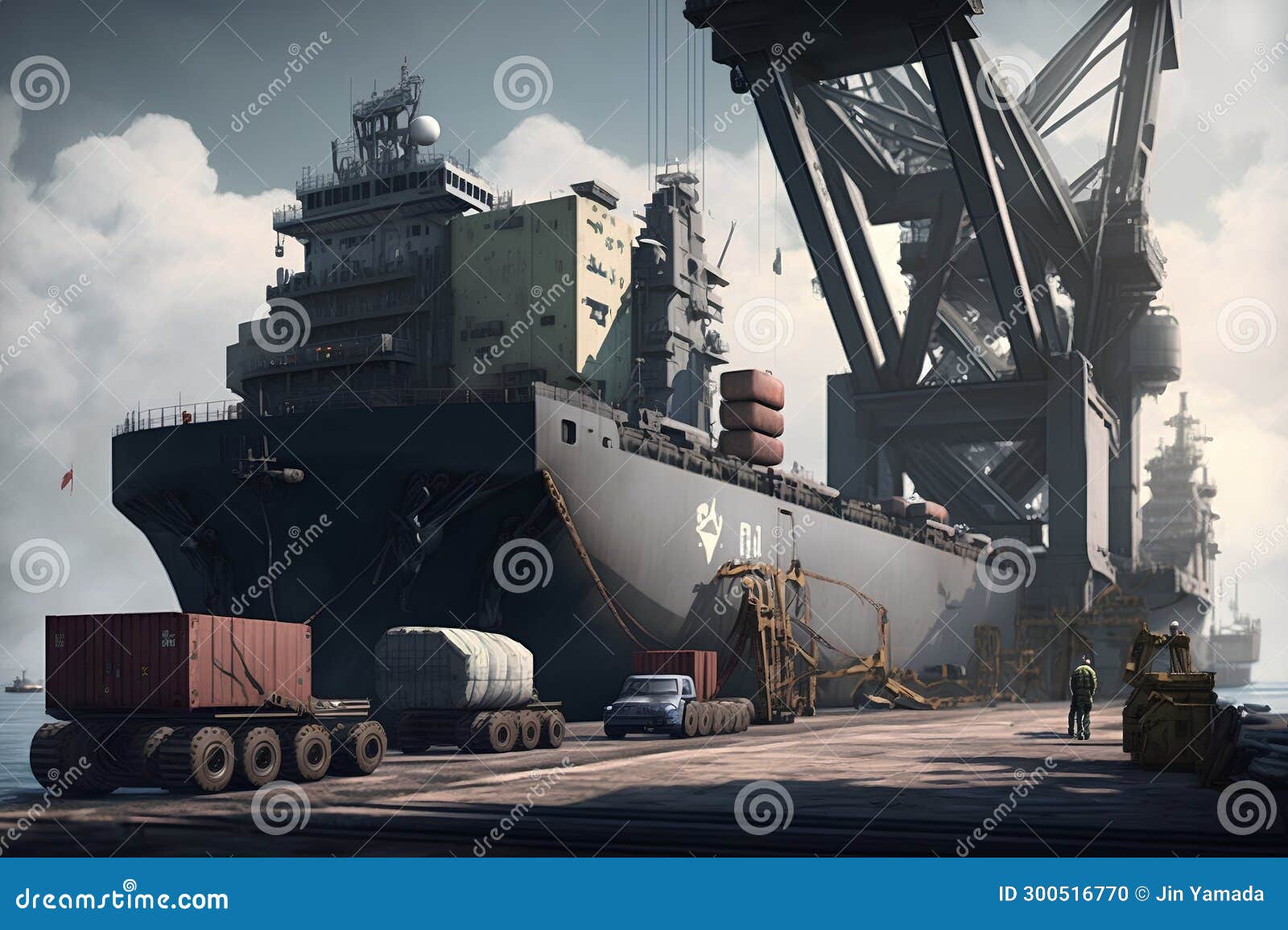 Cargo Ship in the Port. 3d Rendering. Computer Digital Drawing Stock ...