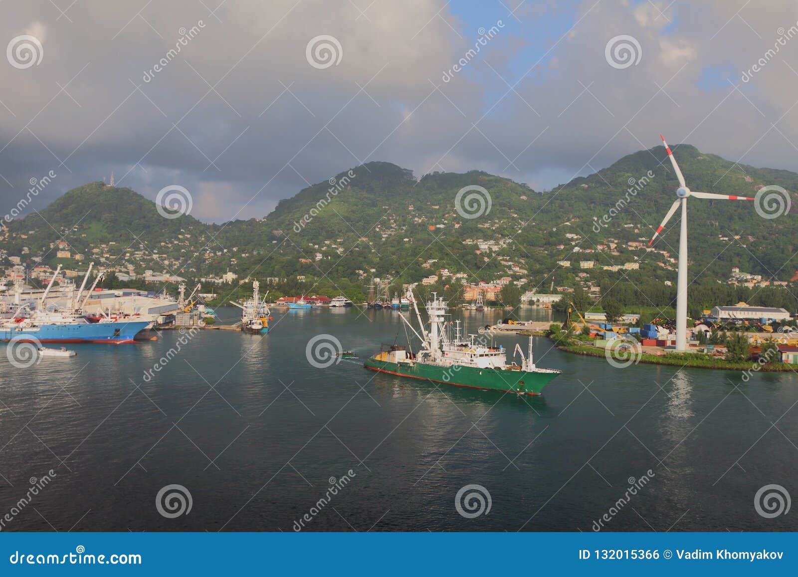 Cargo Ship, Port, Mountains and Clouds. Victoria, Mahe, Seychelles ...