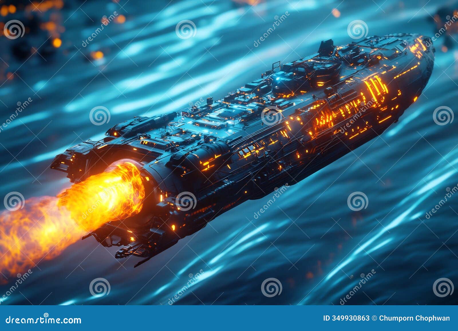 Cargo Ship Powered by Glowing Plasma Engine Navigating Reflective Azure ...