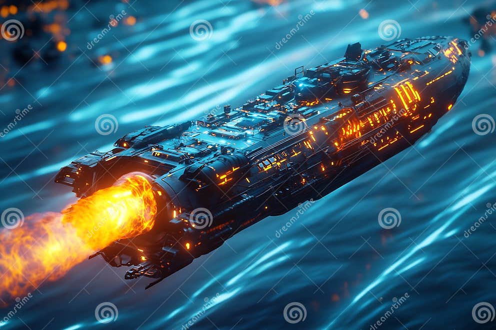 Cargo Ship Powered by Glowing Plasma Engine Navigating Reflective Azure ...