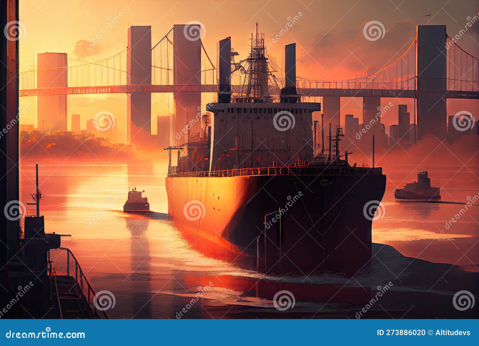 Cargo Ship Pulls into Port, with City Skyline and Sunset Visible in the ...