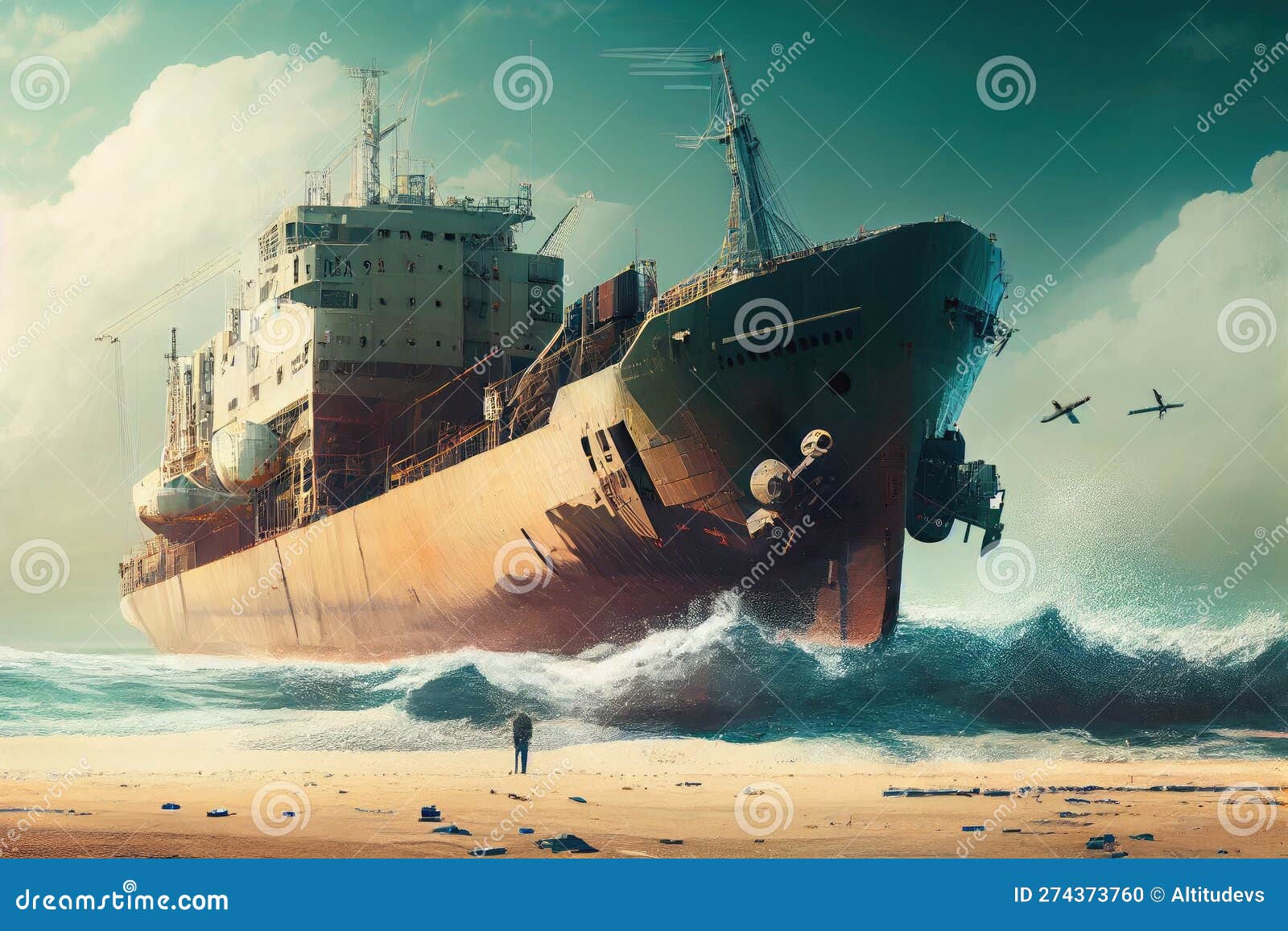 Ship Ran Aground And Half-sunken On A Sandy Beach In The Sunset Royalty ...
