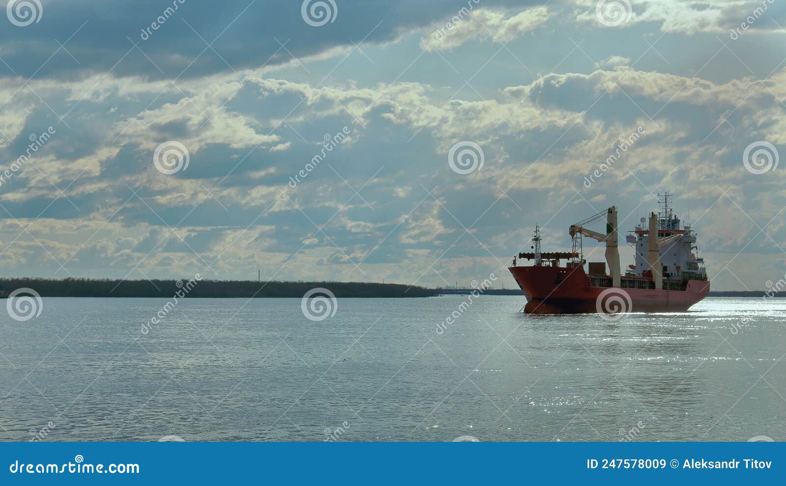 A Cargo Ship is in the Roadstead on a Large River Stock Image - Image ...