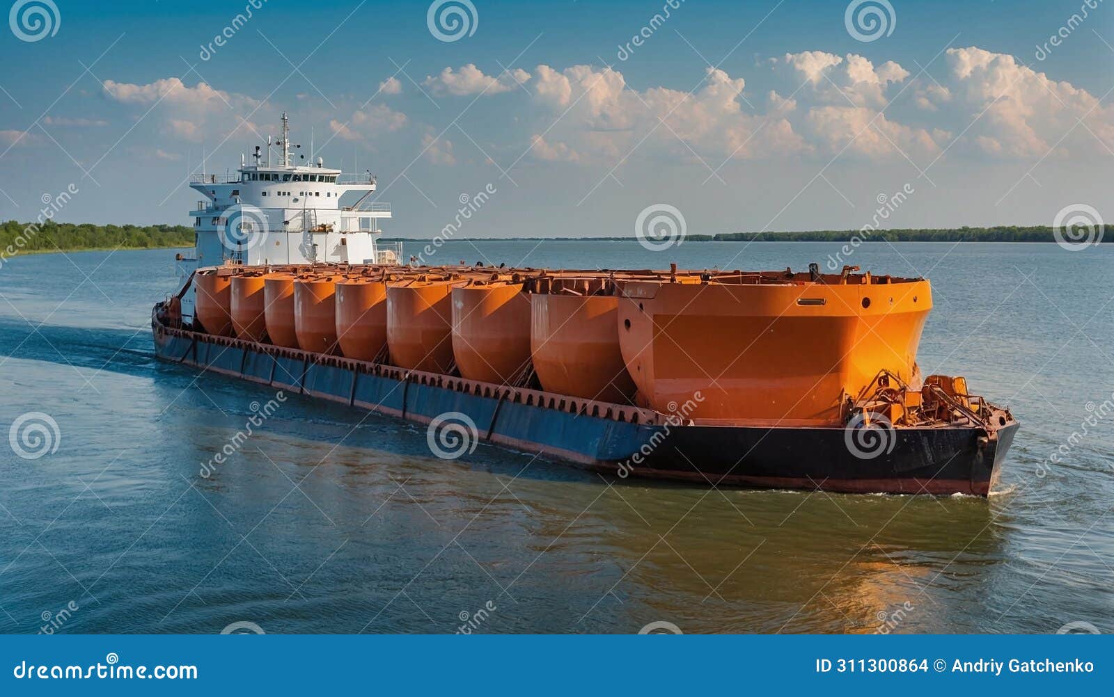 Large Grain Cargo Ship is Sailing Along the Wide River, Fully Loaded ...
