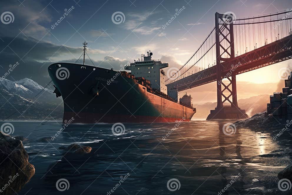 Cargo Ship Sailing on the River at Sunset. 3d Rendering, a Cargo Ship Passing Beneath a Bridge ...