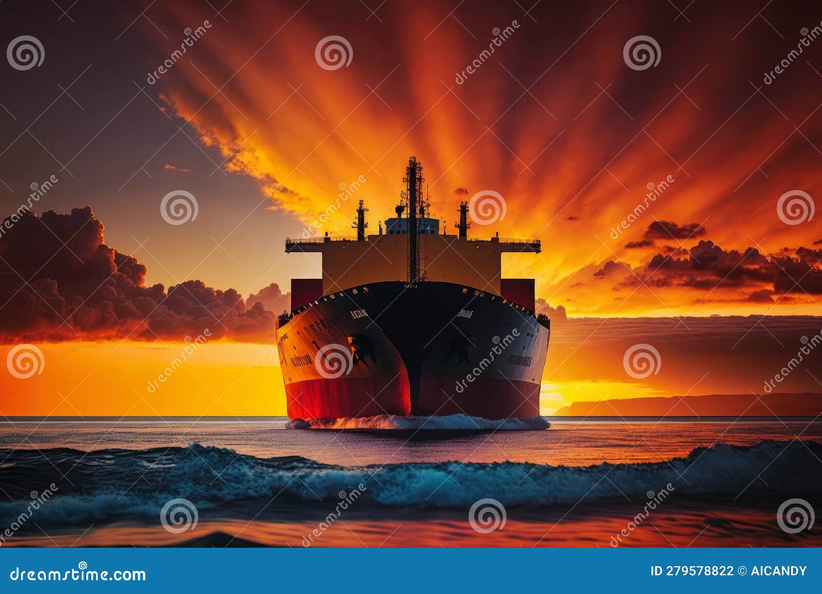 Cargo Ship Sailing Triumphantly in Front of a Dramatic Sunset with a ...