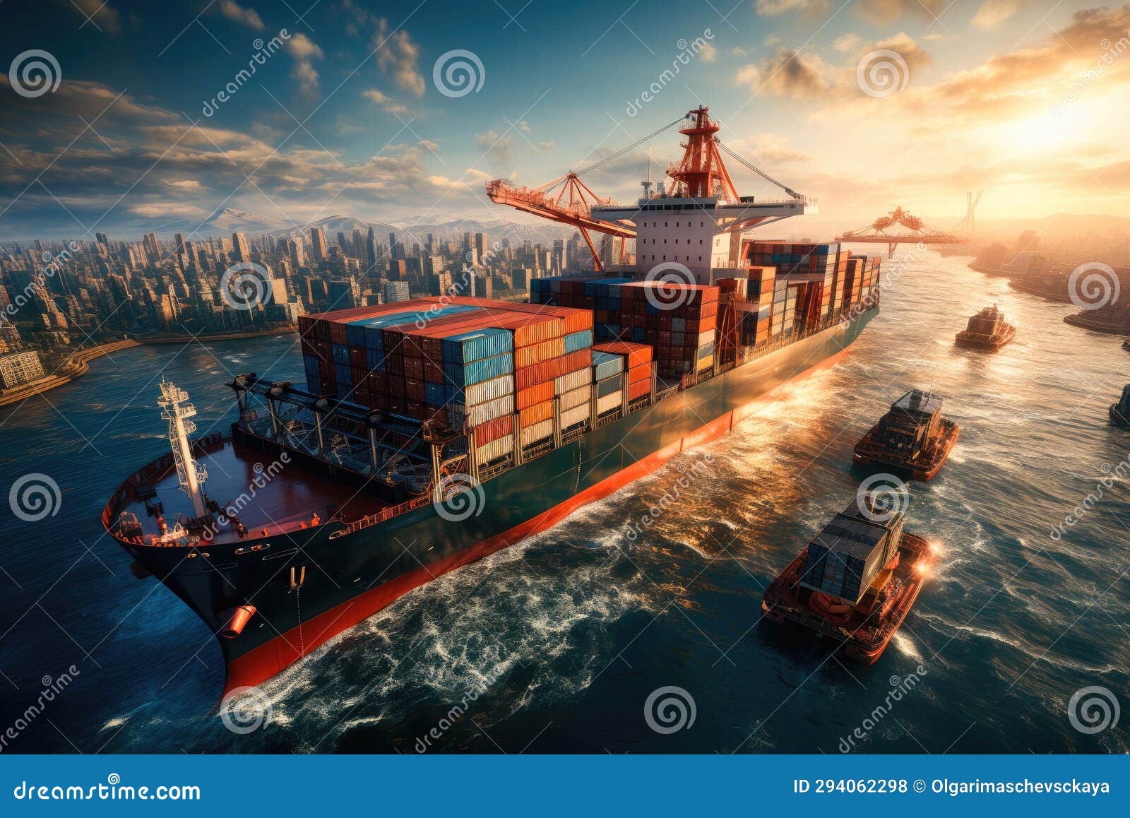 Cargo Ship Sails Across the Bay Delivering Goods Stock Illustration ...