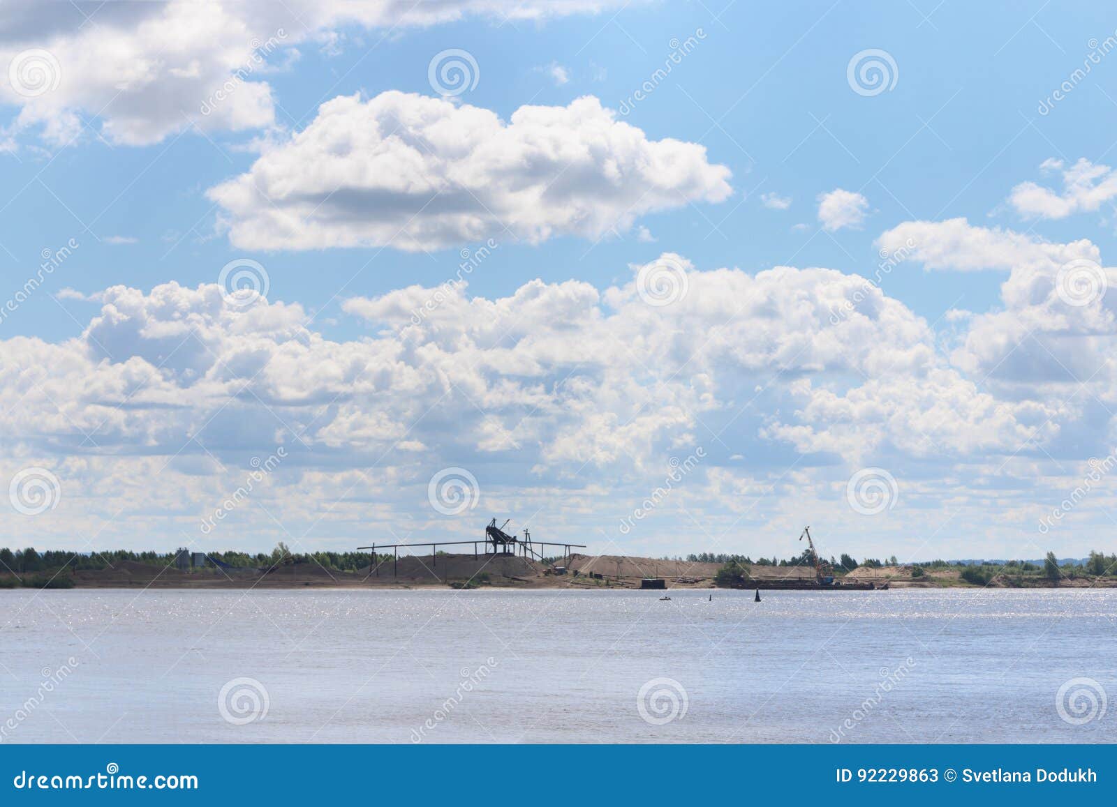 Cargo Ship Sails on River with Coastline with Sand Stock Image - Image ...