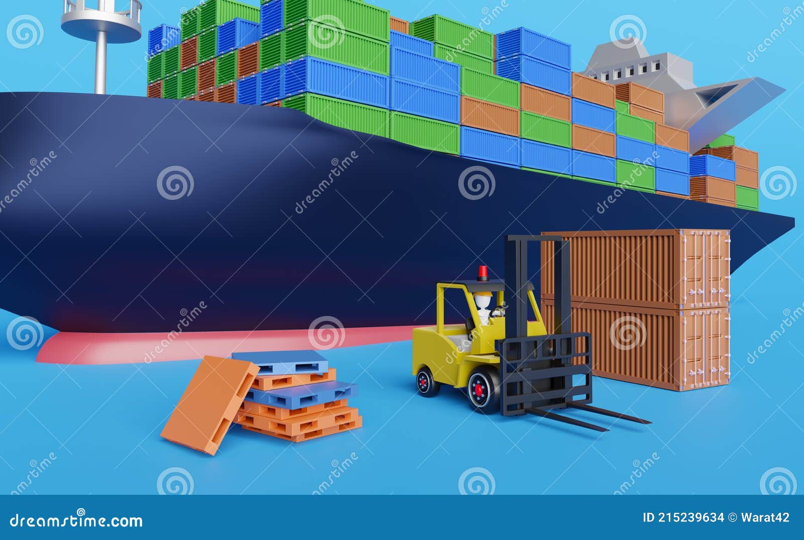 Cargo Ship and Stick Man Forklift Driver with Pallet for Import Export ...