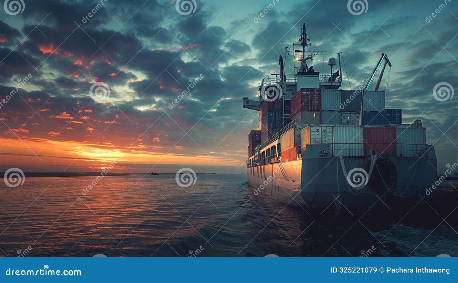 Cargo Ship at Sunset stock illustration. Illustration of transportation ...
