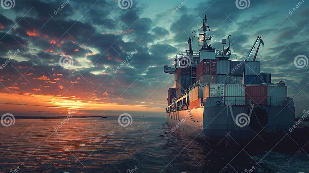Cargo Ship at Sunset stock illustration. Illustration of transportation ...