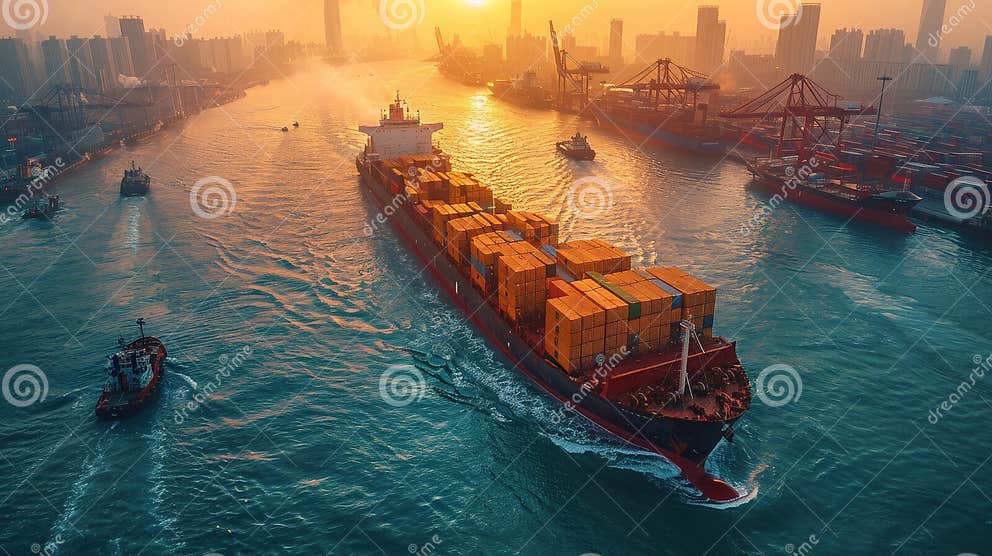 Cargo Ship at Sunset.Maritime Majesty Stock Illustration - Illustration ...