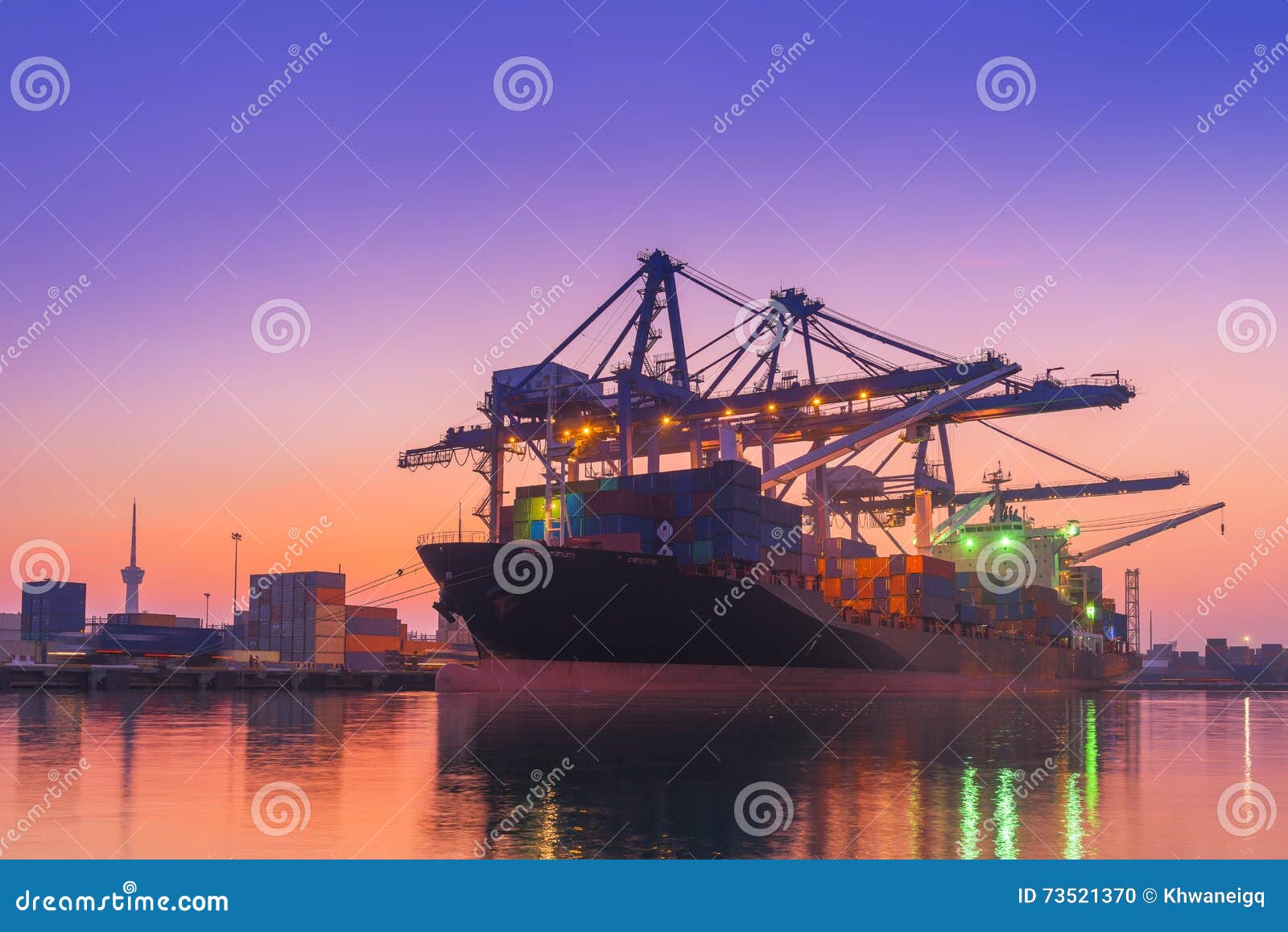 Cargo Ship Terminal at Twilight Scene, Unloading Crane of Cargo Stock ...