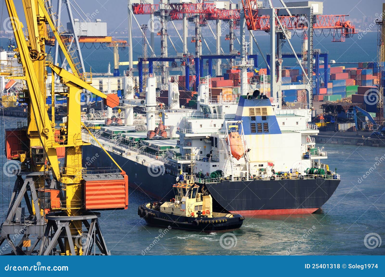 Cargo ship and tug boat stock photo. Image of transport - 25401318