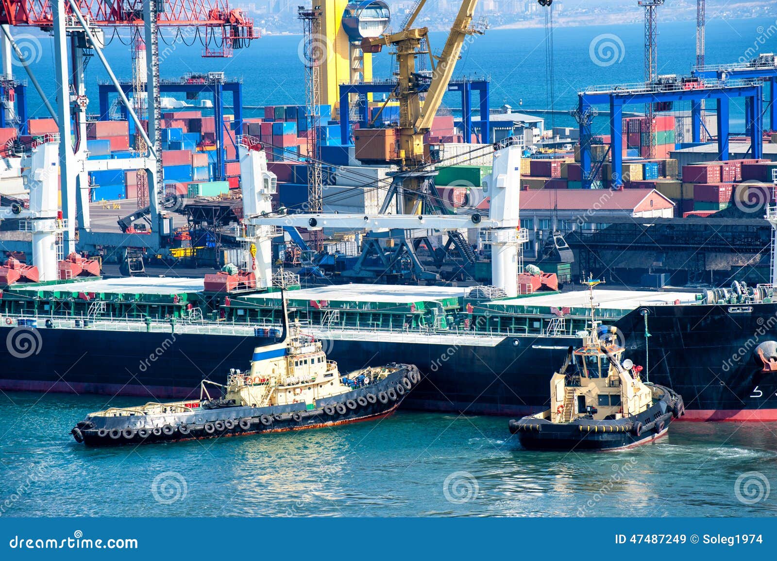 Cargo Ship and Tug Boat in Port Stock Image - Image of logistic ...