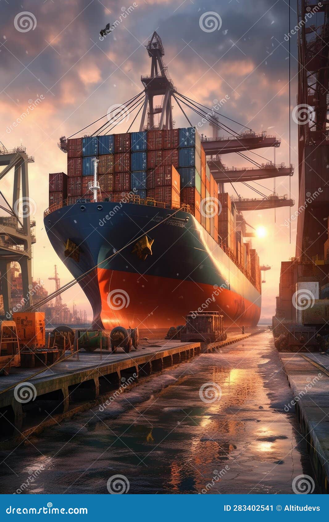 Cargo Ship Unloading Containers at Port Stock Illustration ...