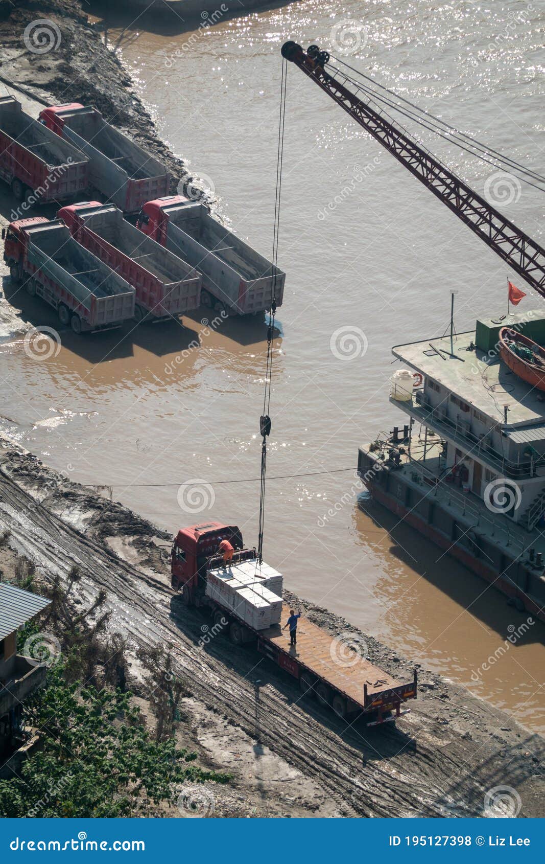 Cargo Ship Unloading on Yangtze River Under Blue Sky Editorial Stock ...