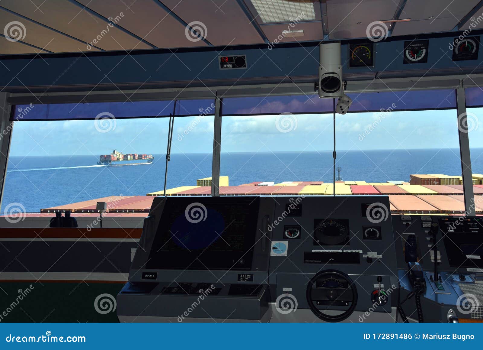Cargo Ship - View of the Control Console with Steering Wheel Stock ...