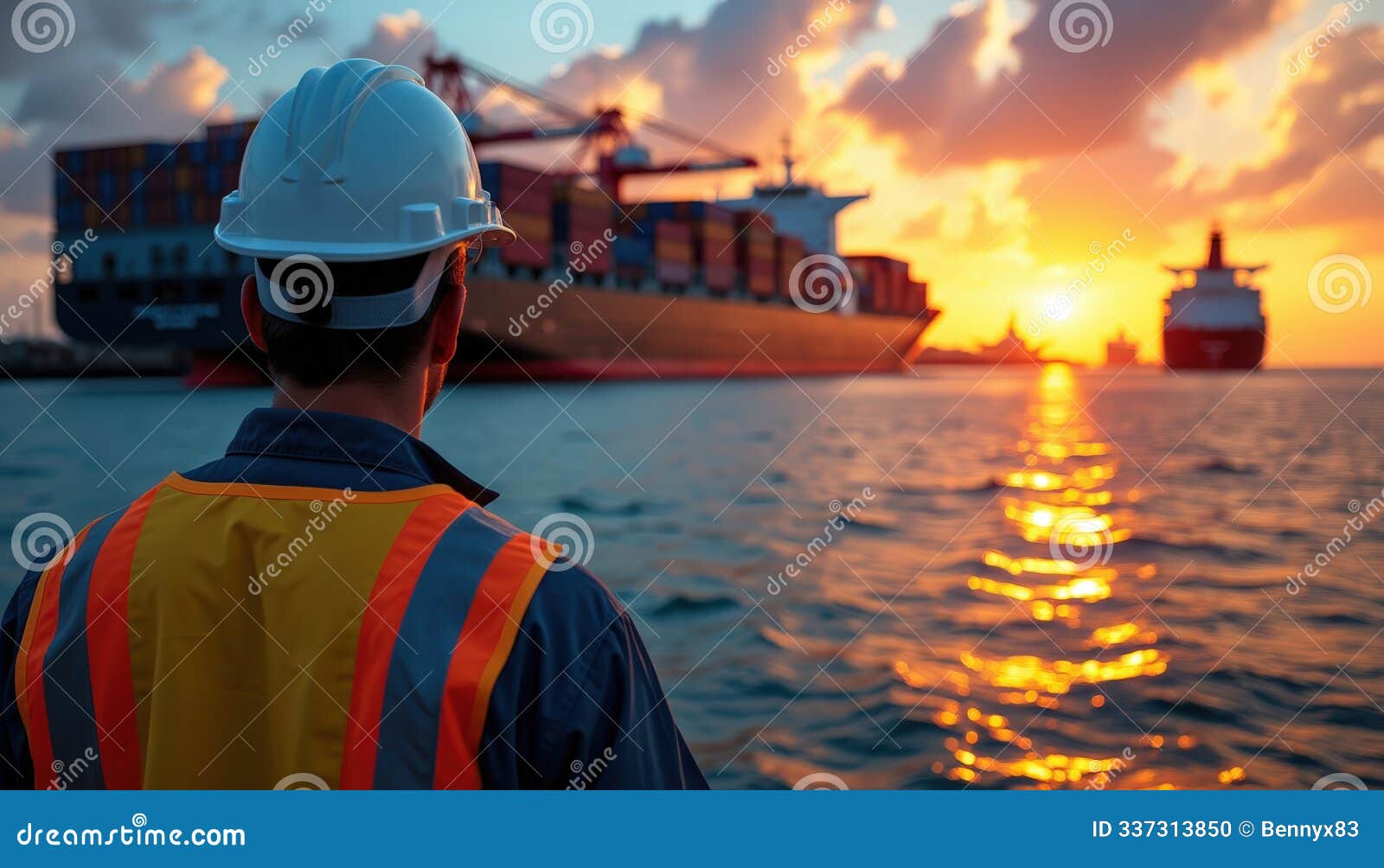Cargo Ship Worker at Sunset. Stock Illustration - Illustration of ...