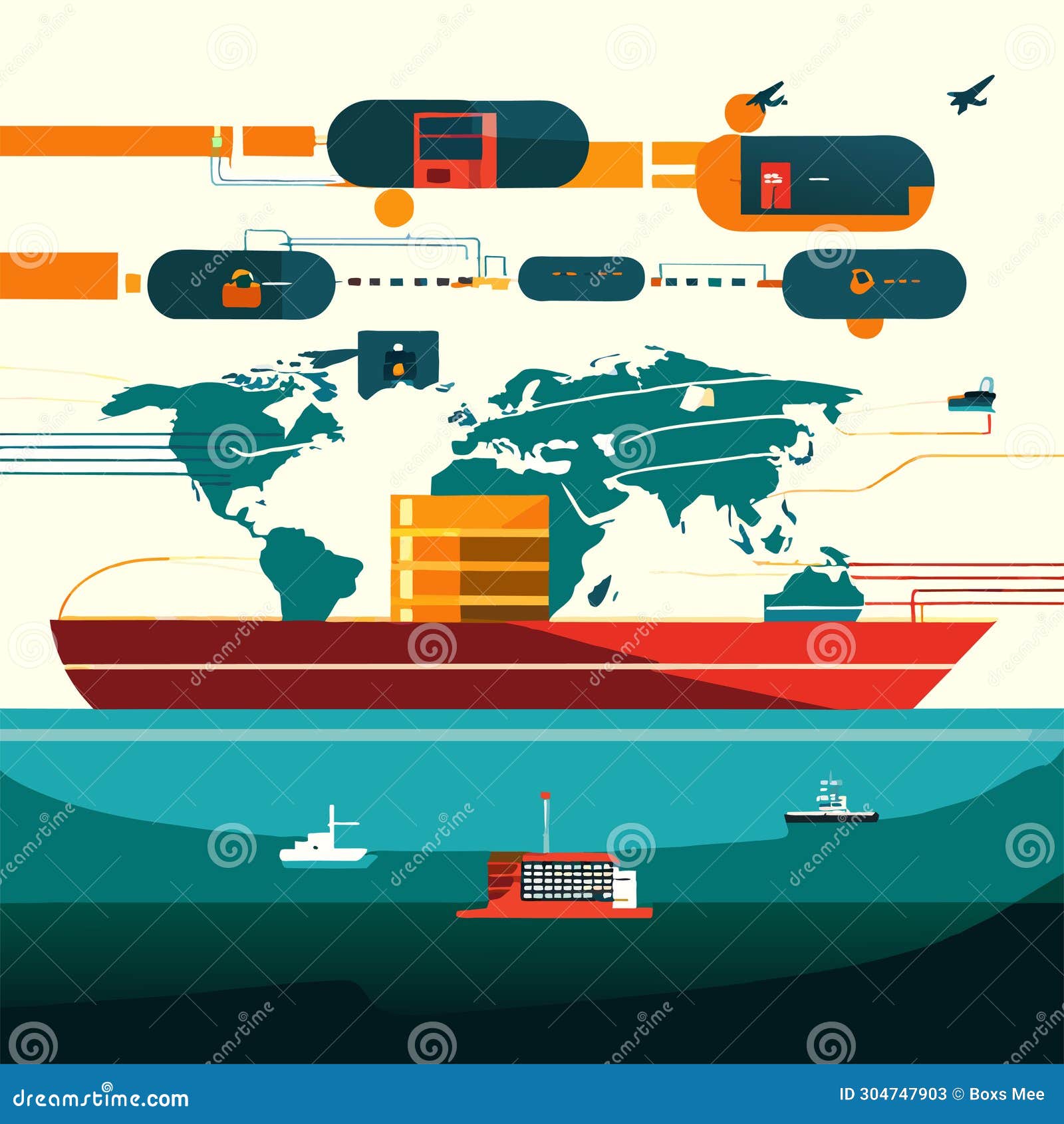 Cargo Ship with World Map on the Background. Vector Illustration Stock ...
