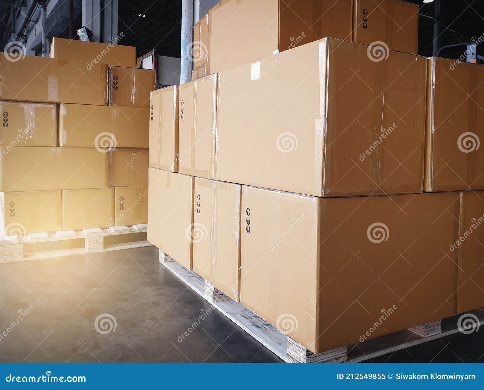 Cargo Shipment Boxes. Stack of Cardboard Boxes on Pallet Rack at the ...