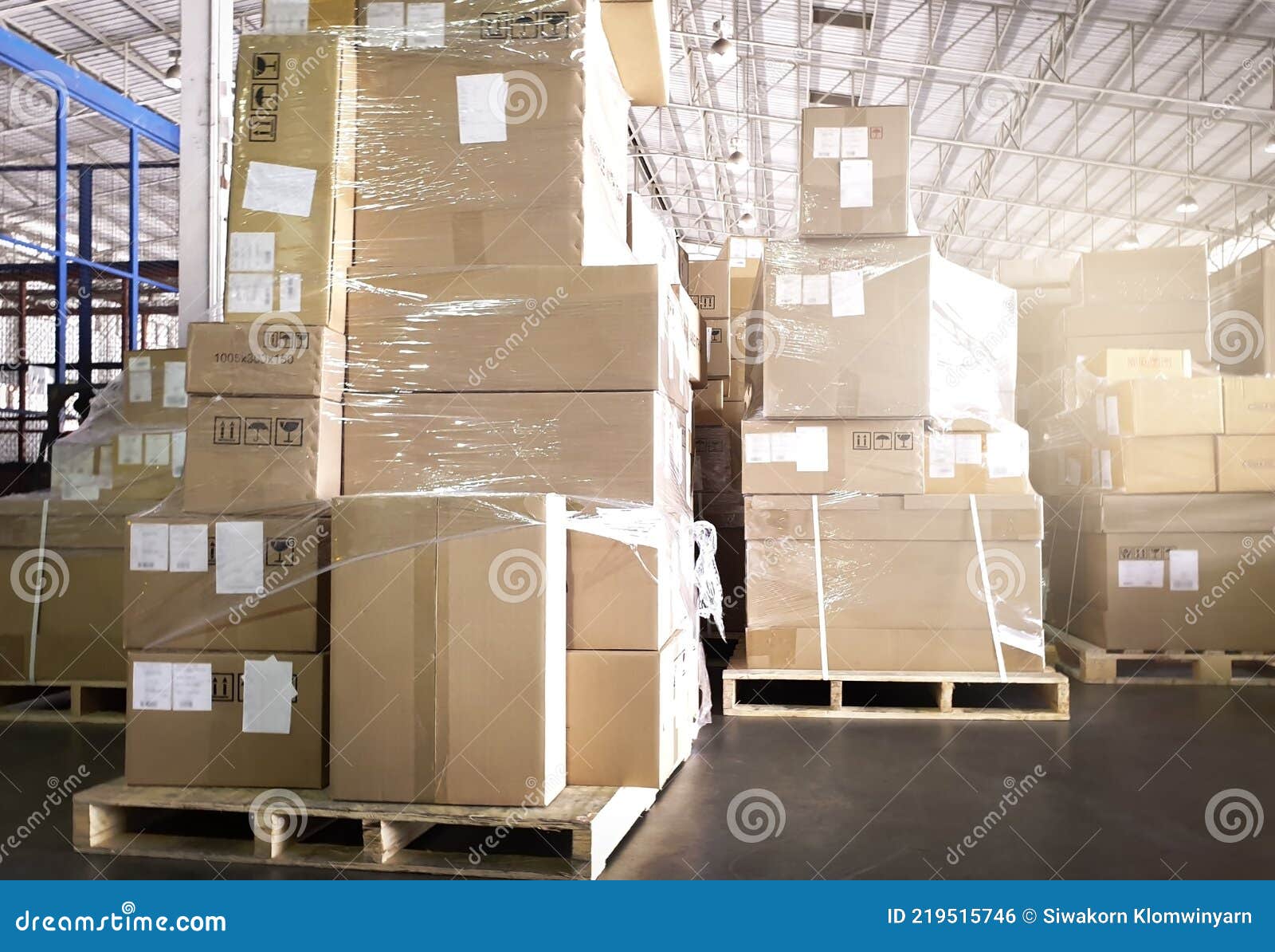 Cargo Shipment Boxes. Stacked of Package Boxes on Pallet Rack at the ...